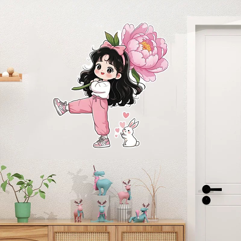 Cute Cartoon Girl Door Sticker Wall Sticker Cover Ugly Hole Self ...