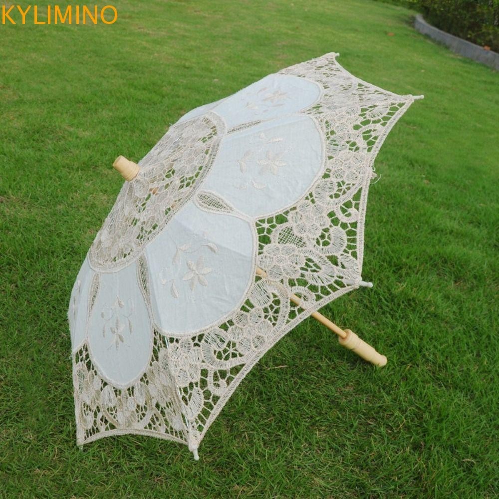 KYLIMINO Wedding Lace Umbrella, Embroidery Floral Wooden Handle Prop ...