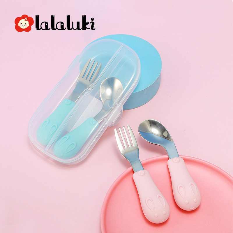 Baby Silicone Stainless Steel Spoon Fork Children Dining Utensils Elbow ...