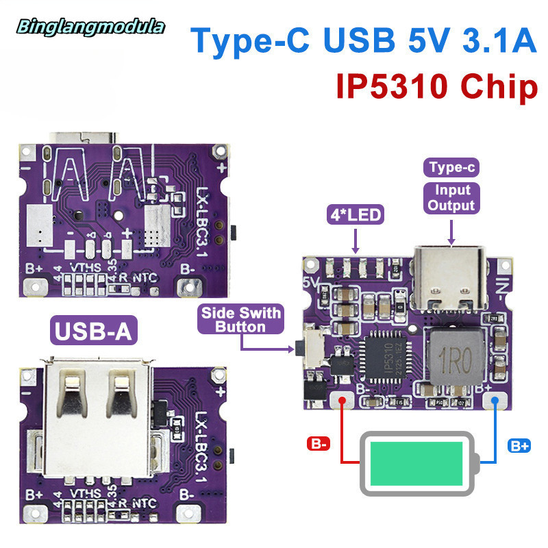 Type-C USB 5V 3.1A Boost Converter Step-Up Power Module IP5310 Mobile ...