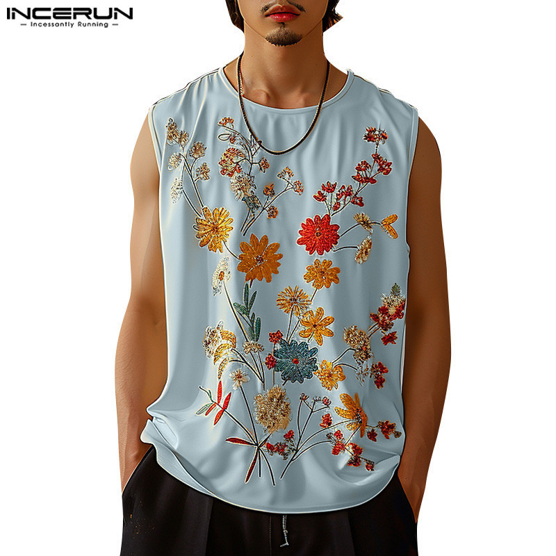 INCERUN Men Korean Casual Floral Printing Round Neck Sleeveless Tanks ...