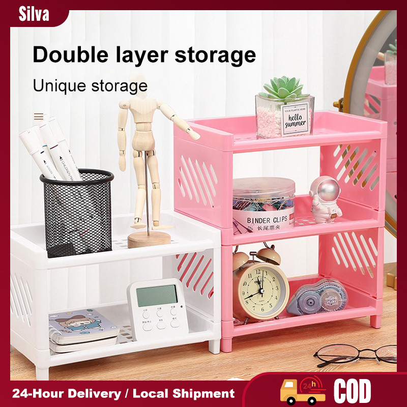 2 Layers Desktop Double-layer Storage Rack Foldable Shelf Stationery ...