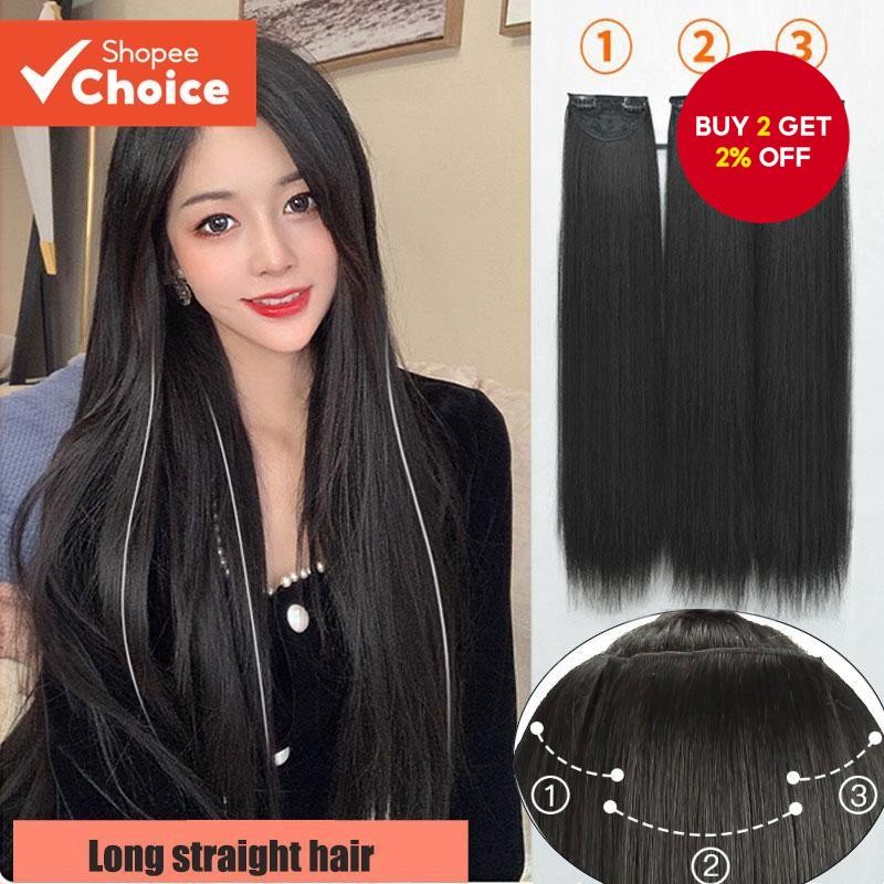 60cm Long Straight Clip-On Synthetic Hair Wig - 3 Pieces Thickened ...