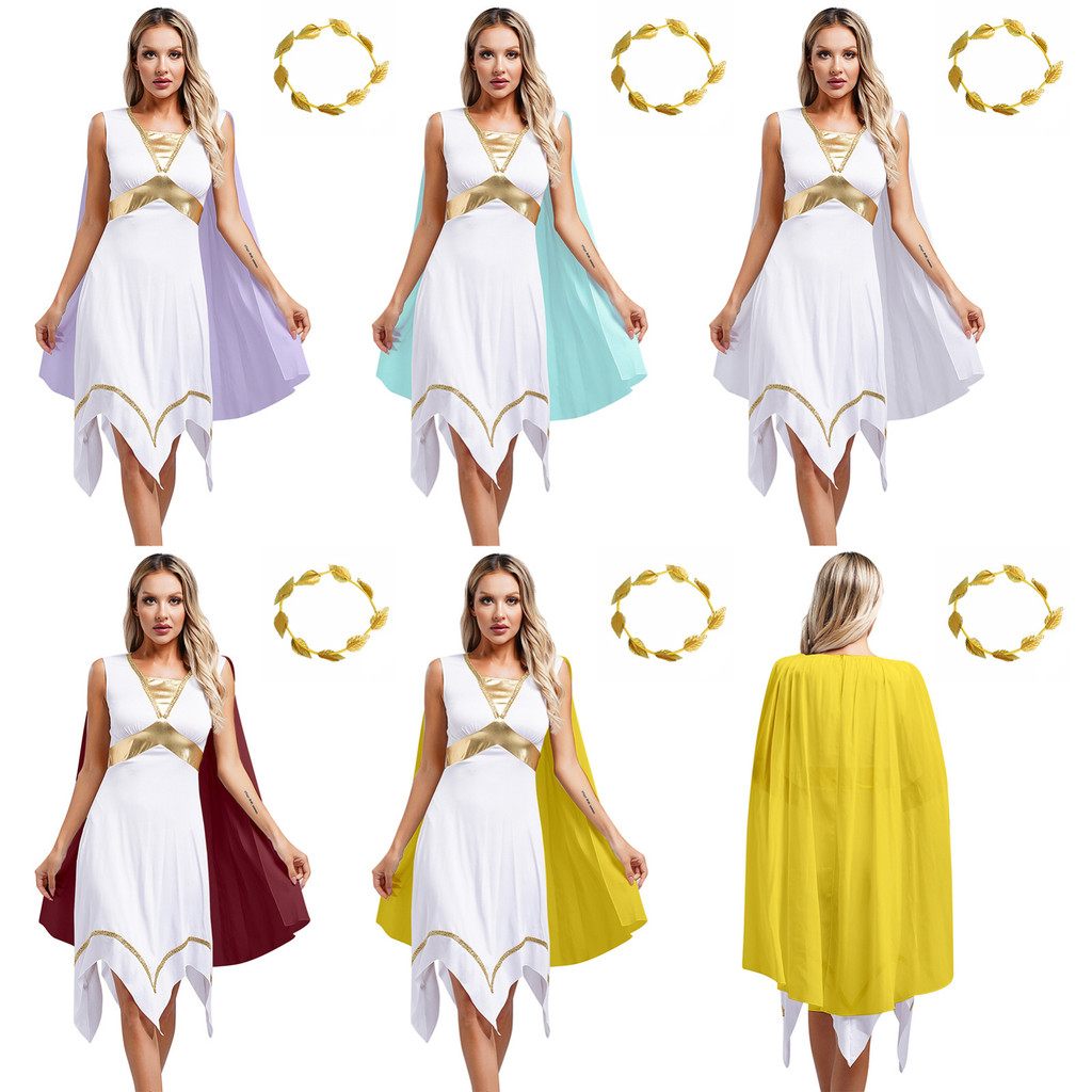 Yeahdor Womens Ancient Greek Roman Dress Long Cape Sleeve Gold Trim ...