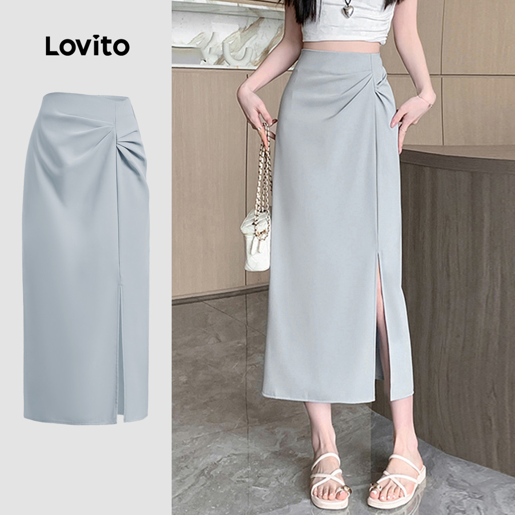Lovito Women Casual Plain Pleated Split Front Skirt L129ED637 | Shopee ...