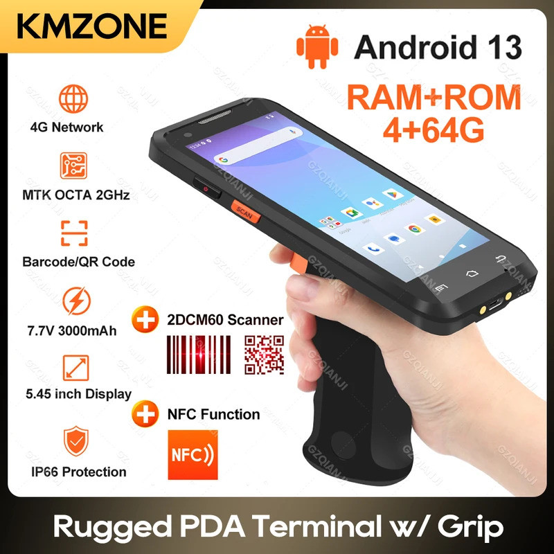 4G Android 13 Rugged PDA Handheld Terminal 1D/2D Scanner Barcode NFC Grip Pistol Scan 4GB+64GB ...