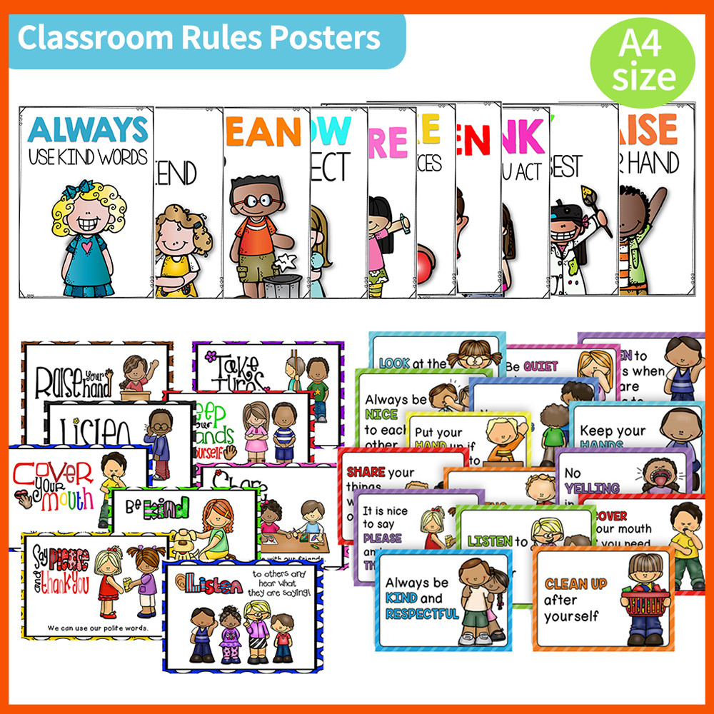 Classroom Rules Posters for Kids - 10 Sheets Educational Behavior Chart ...