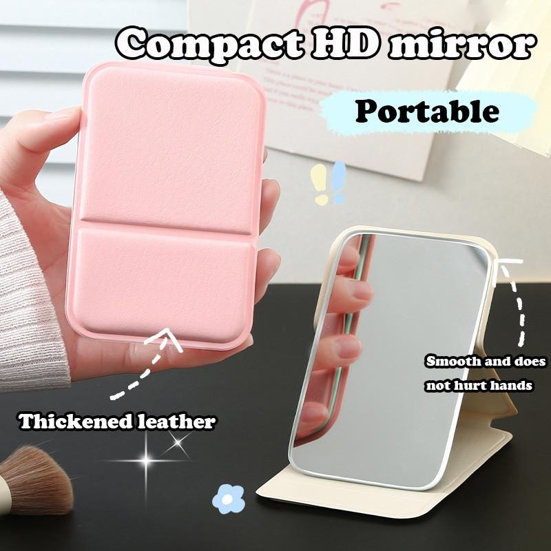 Makeup Foldable Mini Makeup Mirror Portable PU Leather Student Dormitory Desktop Standing ...