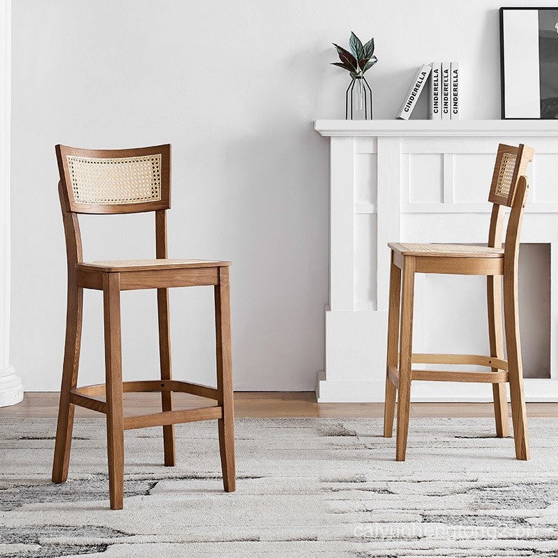Solid Wood Bar Stool Nordic Rattan High Stool Bar Stool Household ...