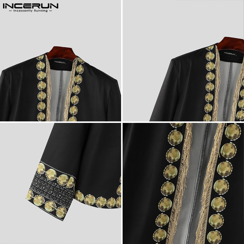 INCERUN Men Vintage Fashionable Ethnic Print Tassel Long Sleeve Kimonos ...