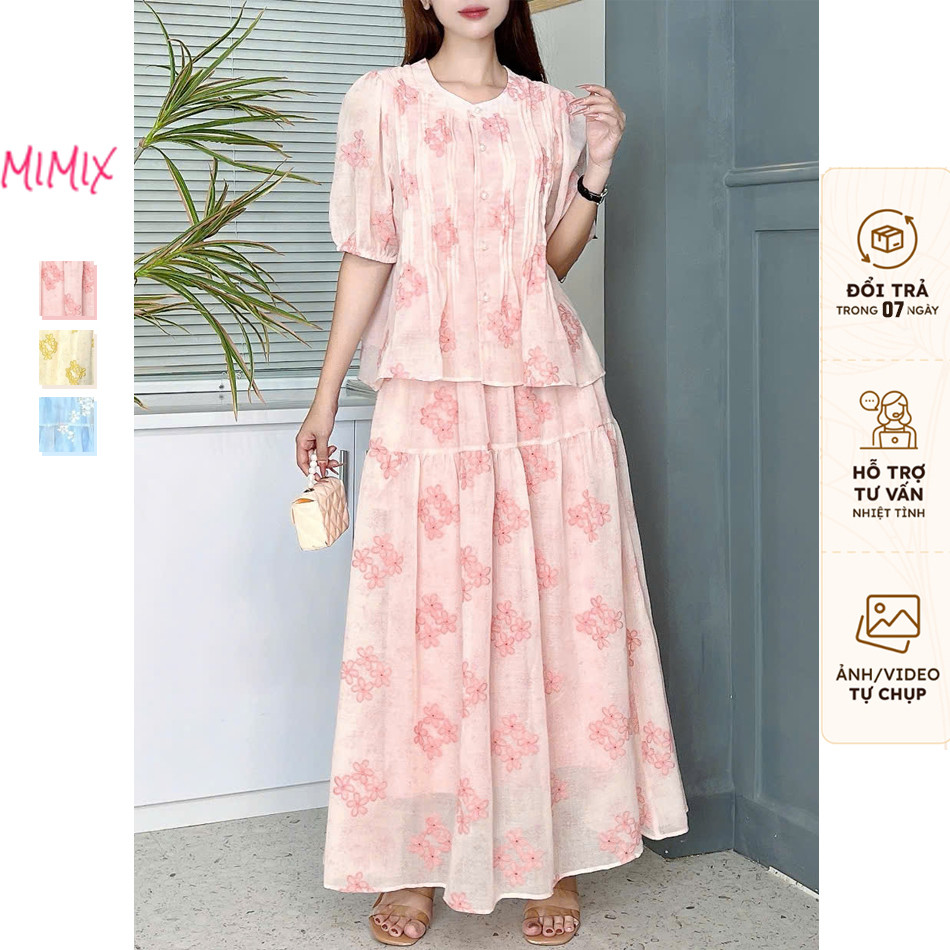 Mimix Baby Doll Set Short Sleeve Pleated Blouse with Long Flared Skirt ...