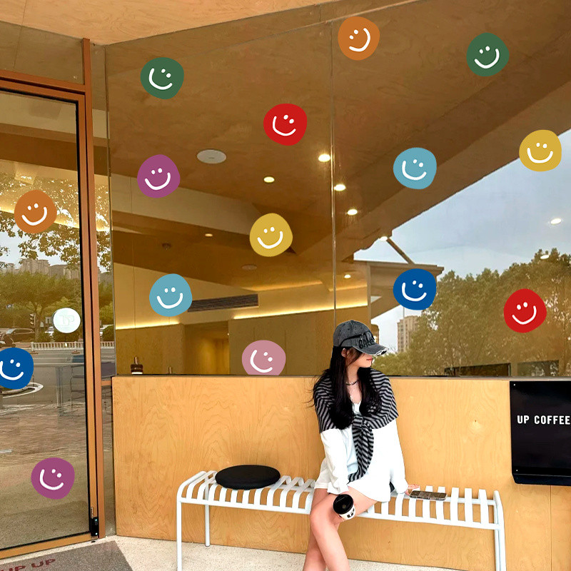Glass Door Window Sticker Smiley Face Pattern INS Style Cute Funny ...