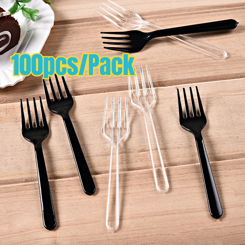 100pcs Disposable Black Clear Plastic Forks, Heavy Duty Clear Plastic ...
