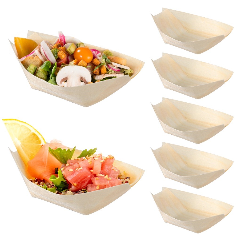 100 Pcs Disposable Wooden Boat-Shaped Japanese Sashimi Sushi Takeout ...