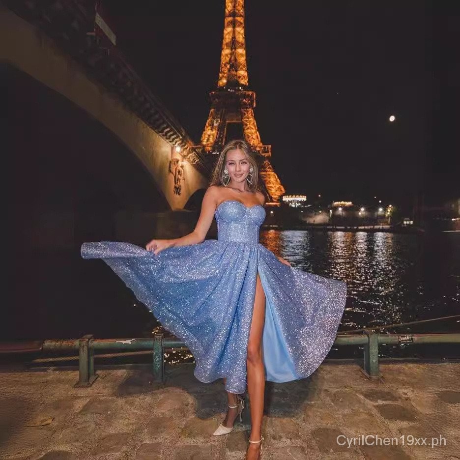 Elegant Prom Blue Dress Sexy Tube Top Sequined Evening Dress Classy ...