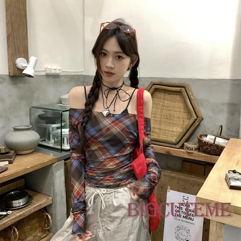 []-Women Off Shoulder Mesh Plaid Long Sleeve Suncreen T-Shirts | Shopee ...
