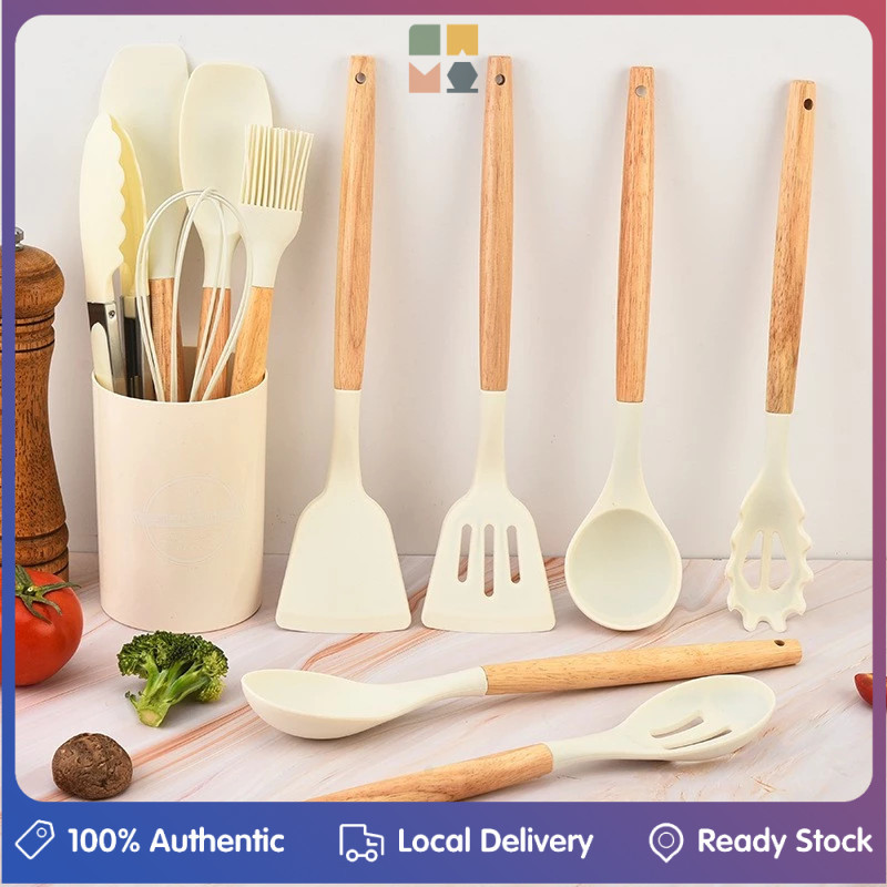 Flandre Silicone Kitchen Utensils Set for Non-Sticky Pan Shovel Wooden ...