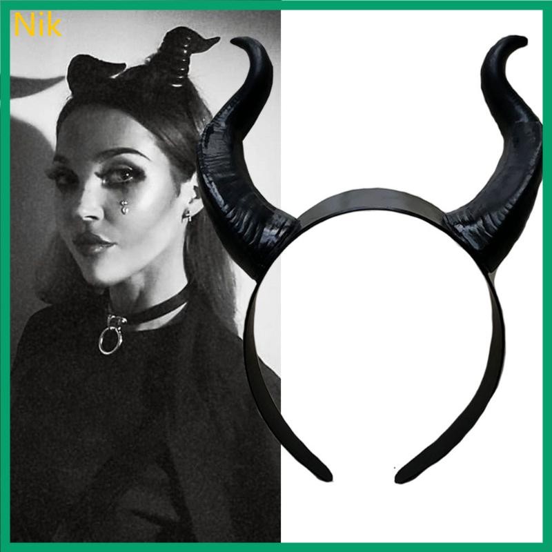 Niki Halloween Witch Black Long Ox Horn Headband Movie Demon Evil Queen ...