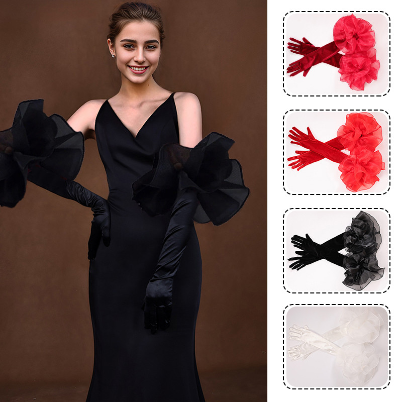 1Pair Velvet Long Gloves Organza Cuff Ruffle Gloves Bridal Wedding ...