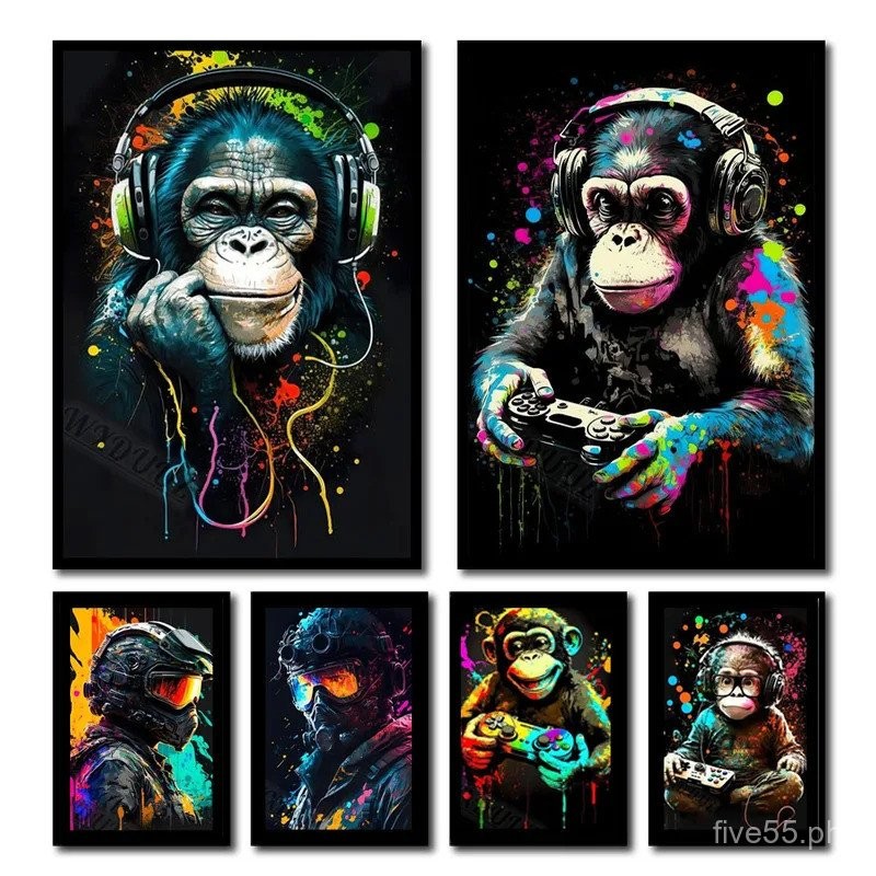80s Retro Funny Monkey Player Gamepad Picture For Gaming Room Living ...