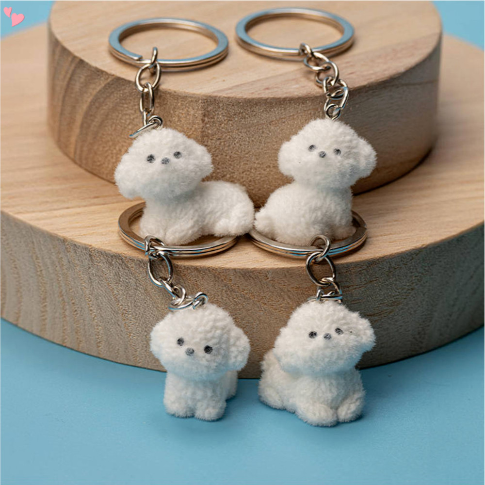 3D Cartoon Flocking White Dog Keychain Cute Flocked Puppy Animal ...