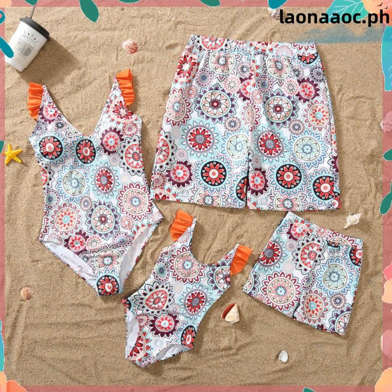 Family Matching Swimwear Orange Printed Buckle Bikini Set Mom Daughter ...