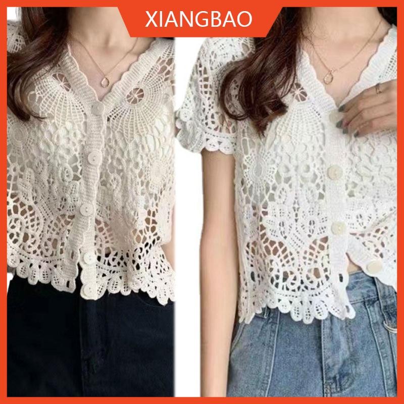 xiangbao Women Summer French Style Short Sleeve Lace Shrug Hollow Out ...