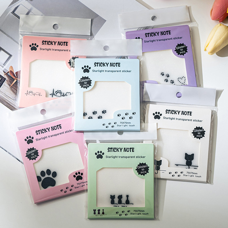 50 Sheets Cute Cat's Paw Series Transparent Frosted Sticky Notes ...