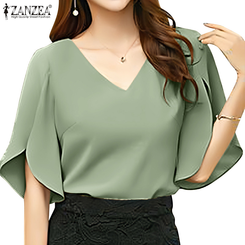 ZANZEA Women Korean High Quality V Neck Flare Sleeve Plain Color ...