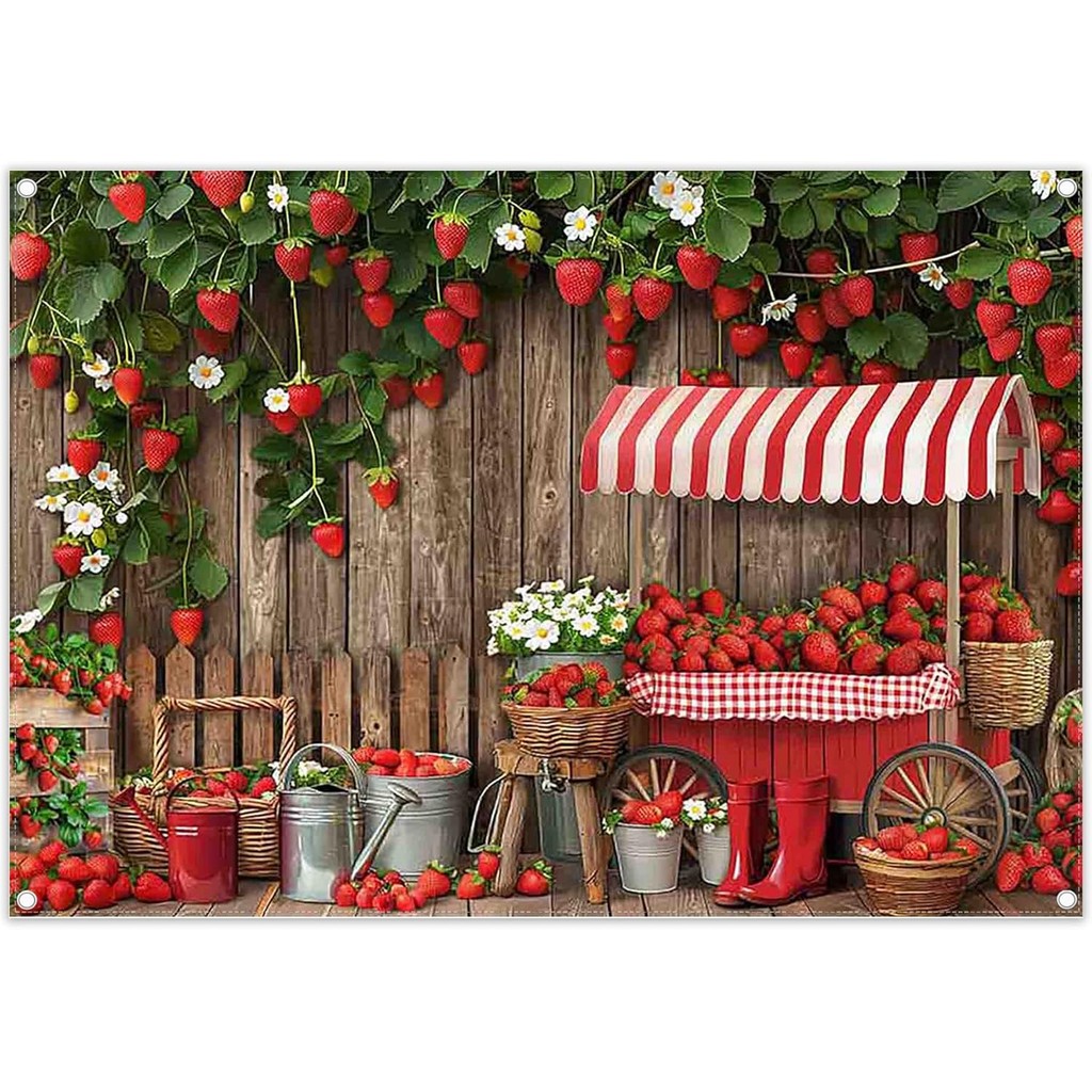 7x5ft Wooden Board Strawberry Backdrop Red Sweet Fruit Farm Market ...
