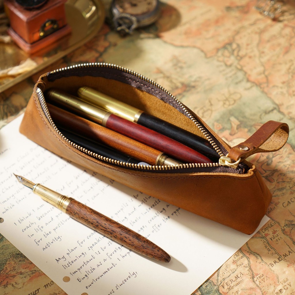 Cowhide Pen Case Literary Retro Crazy Horse Leather Pencil Case ...