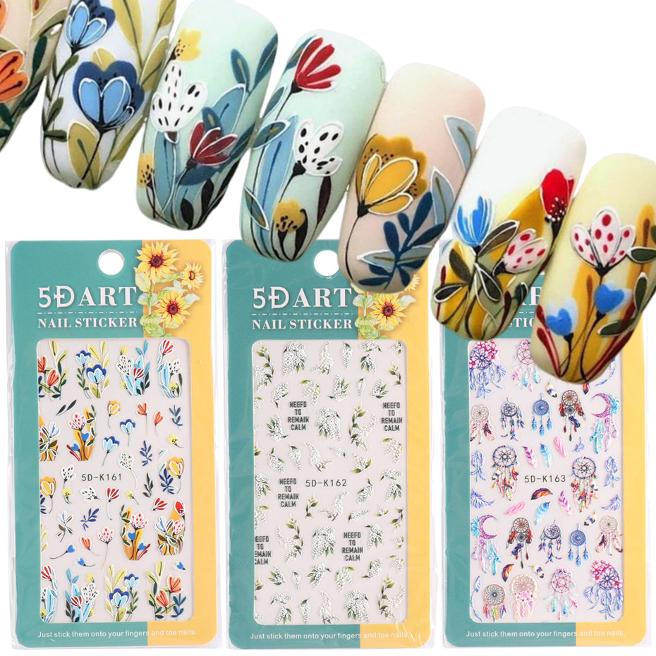 5D Embossed Flower Nail Stickers Wildflower Sliders Spring Summer ...