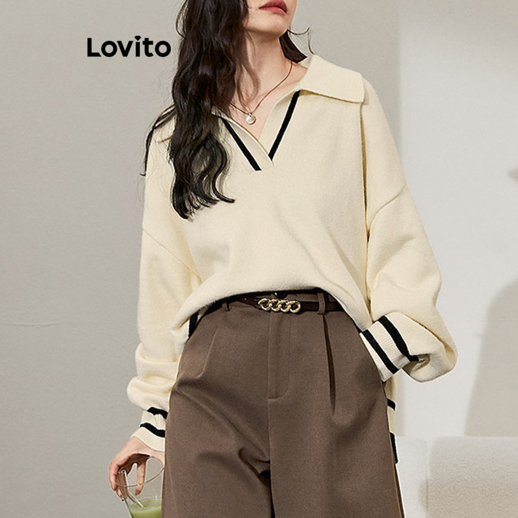 Lovito Women Casual Sweater Plain Colorblock Sweater LNA29376 (Apricot ...