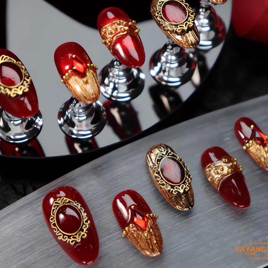 Red Press on Nails with Gold Beads Decor Long Lasting Safe Material ...