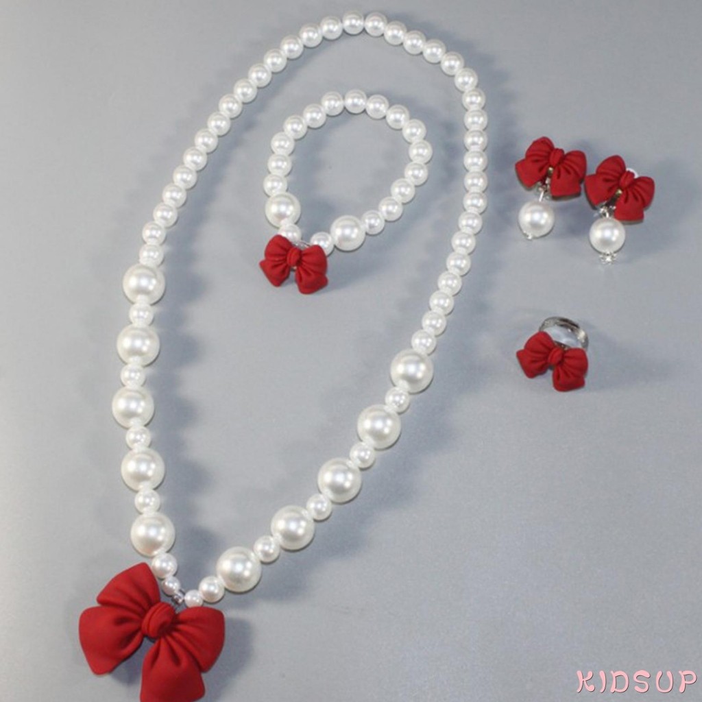 KIDSUP1-Kid Elegant Jewelry Set Cute Pearl Bow Rings Necklaces Bracelet ...