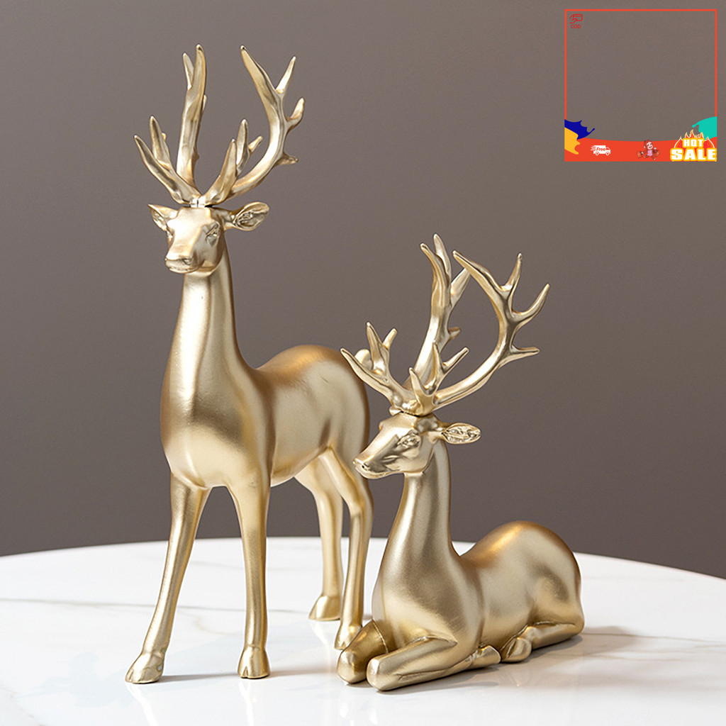 TW-2Pcs Couple Reindeer Figurine Standing Lying Deer Statue Resin Elk ...