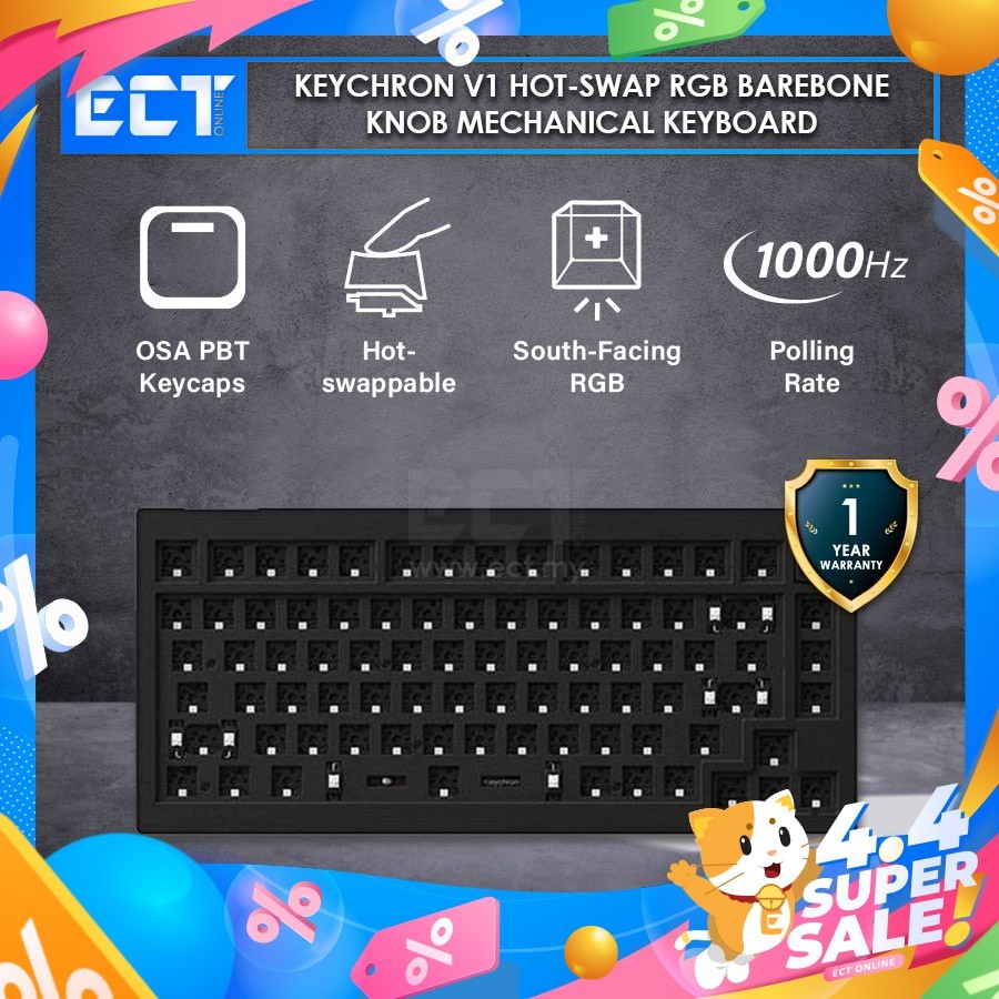 Keychron V1 Hot-Swap RGB Barebone Knob Mechanical Keyboard - (Carbon ...