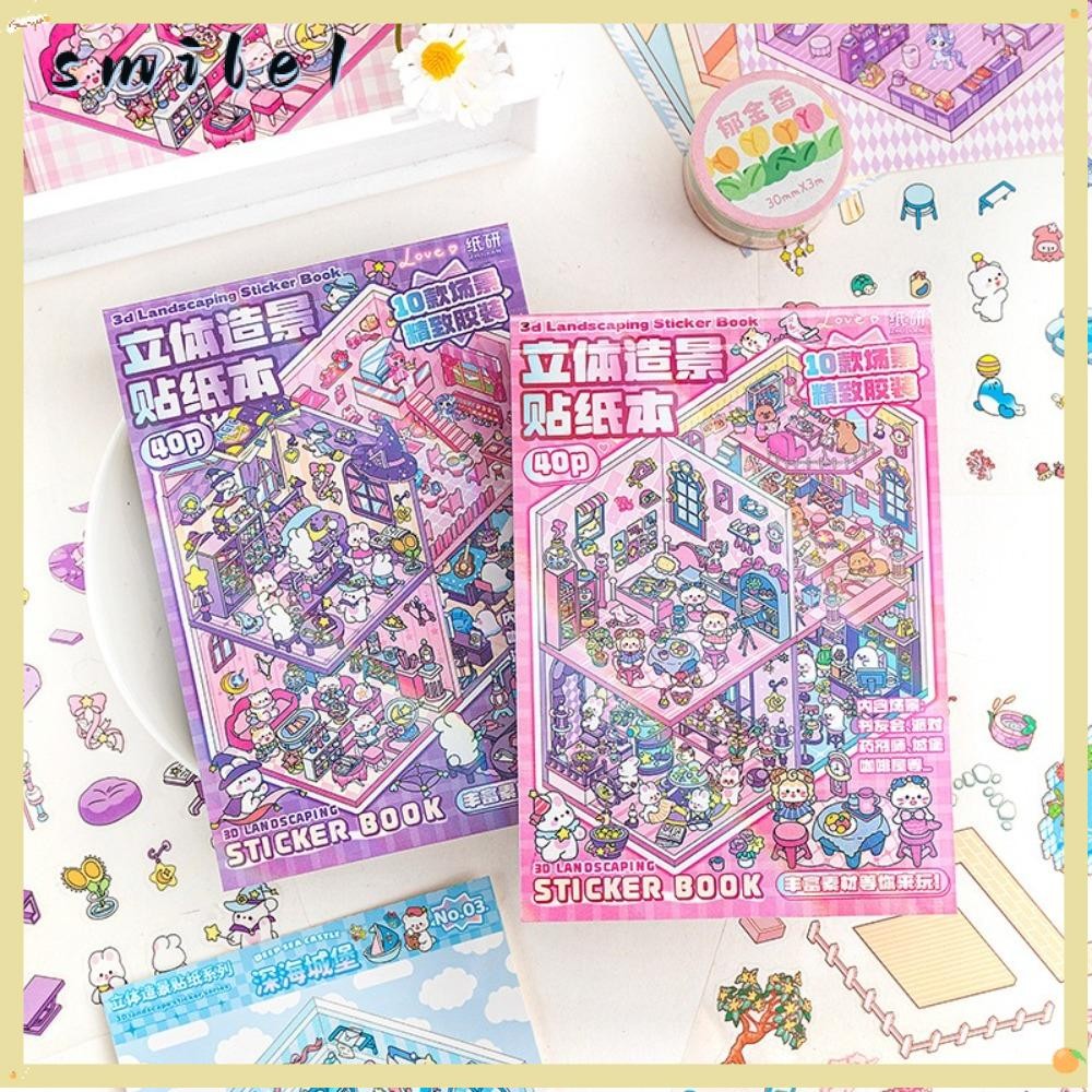SMILE Landscape Sticker Book, Miniature House Cartoon Cabin Scene ...