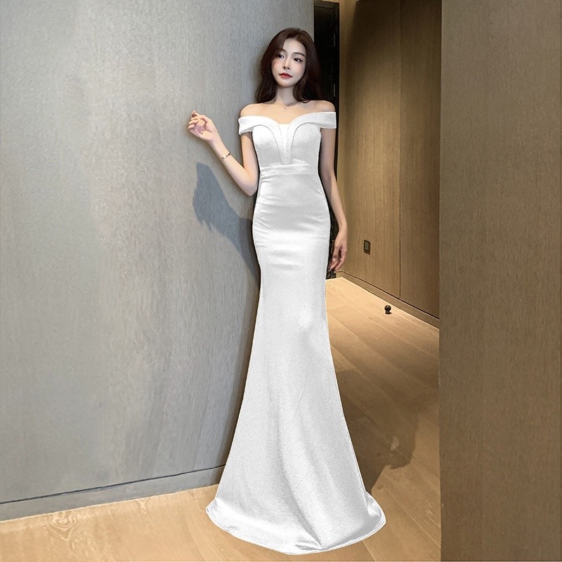 Korean Black White Off Shoulder Evening Prom Cocktail Ball JS Wedding ...