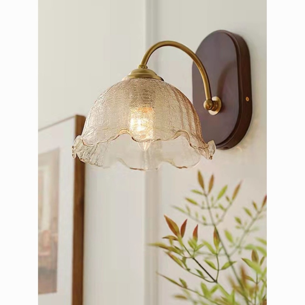 Retro Wall Light Indoor Bedside Lamp, Solid Wood Base Glass Lampshade ...