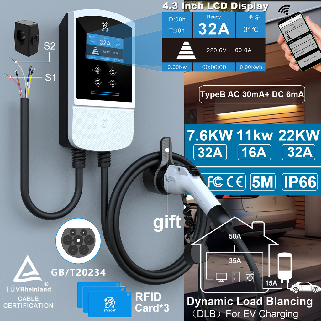 evsow GBT EV Charger Dynamic Load Blancing 7.6KW 11KW 22KW 32A 3P APP 4 ...