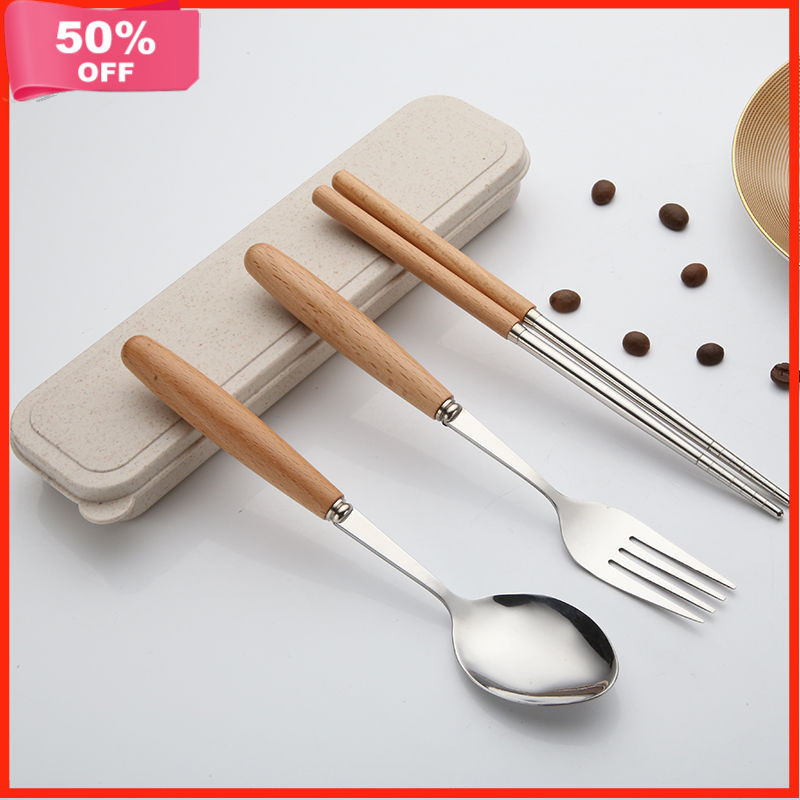 3PCS/SET Stainless Steel Cutlery Set Bamboo Spoon&fork, Chopsticks Set ...