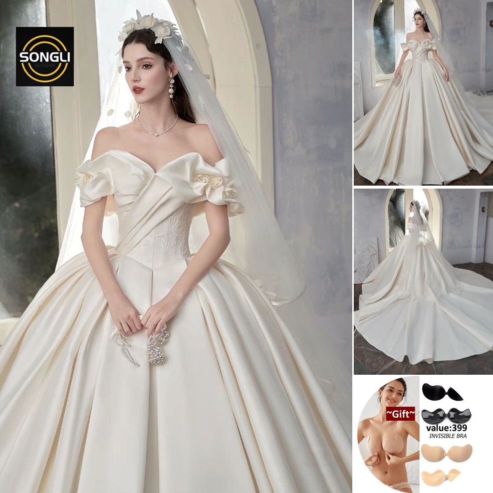 Off shoulder satin wedding gown new bride's simple luxurious trailing ...