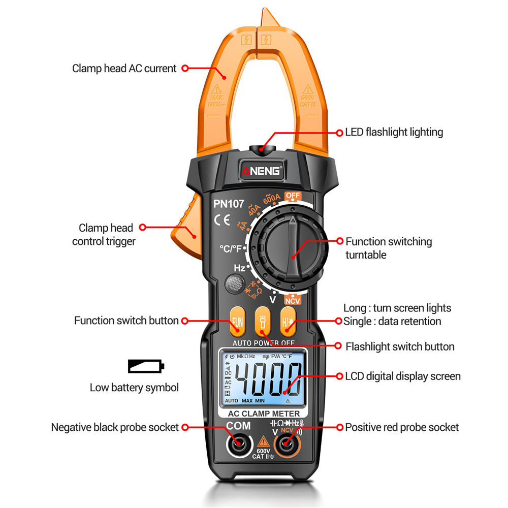 ANENG PN107 Digital Clamp Meter 4000 Counts Multimeter Clamp Ammeter ...