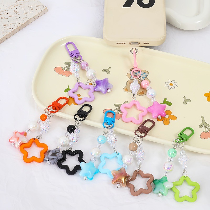 Gradient/Solid Color Stars Keychain Cute Beaded Tassel Keyring Handbag ...