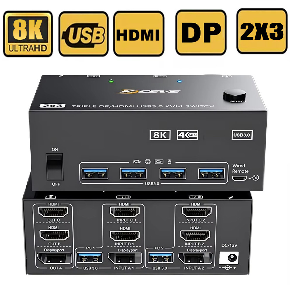 USB3.0 HDMI KVM Switch, 3 Displays, 2 Computers, 8K@60Hz 4K@144Hz ...