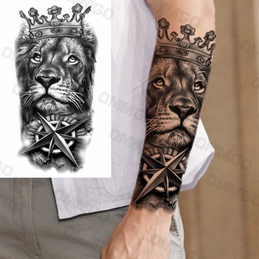 Realistic Lion Compass Crown Temporary Tattoos For Adult Men Skull ...