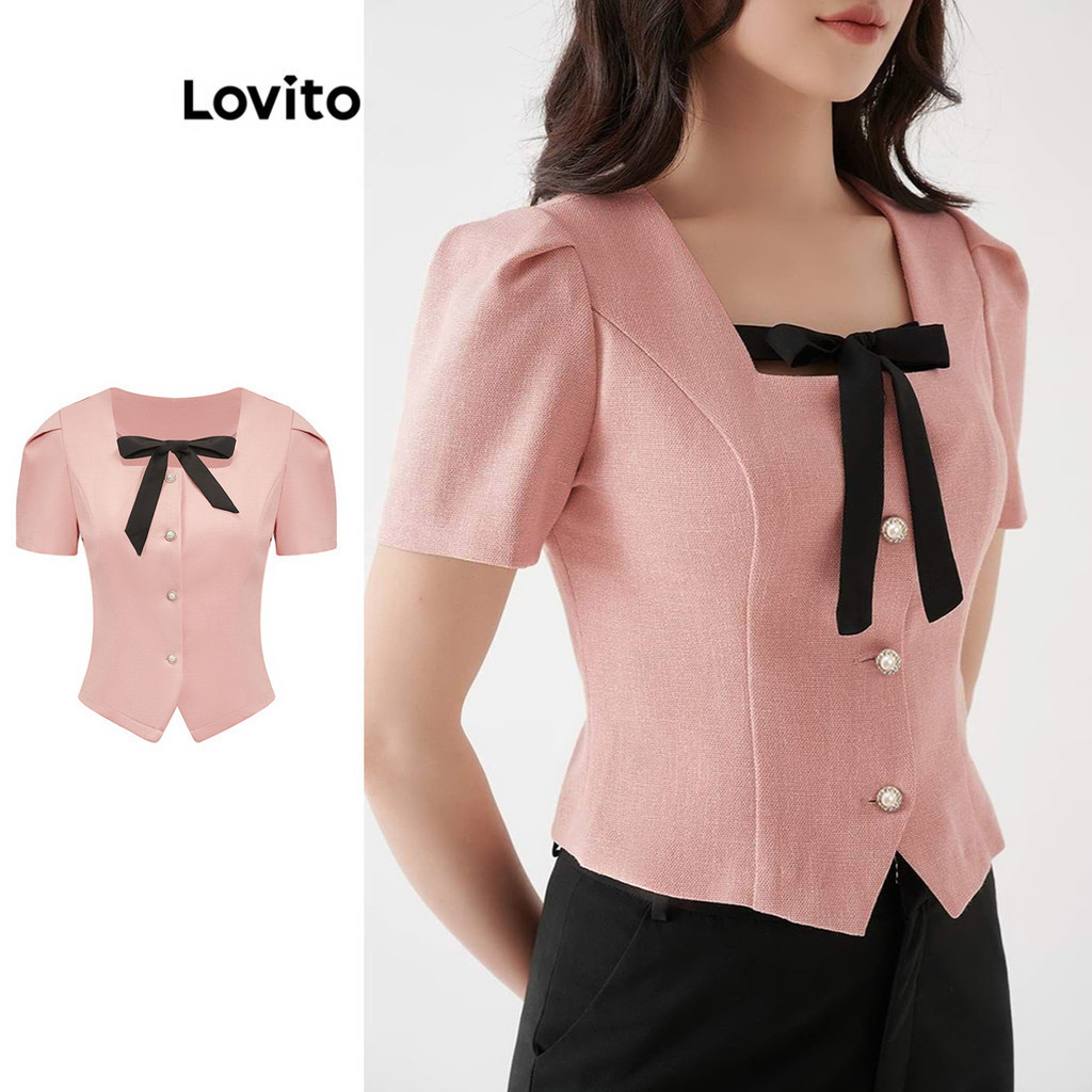 Lovito Women Casual Plain Bow Front Button Blouse L91ED486 | Shopee ...