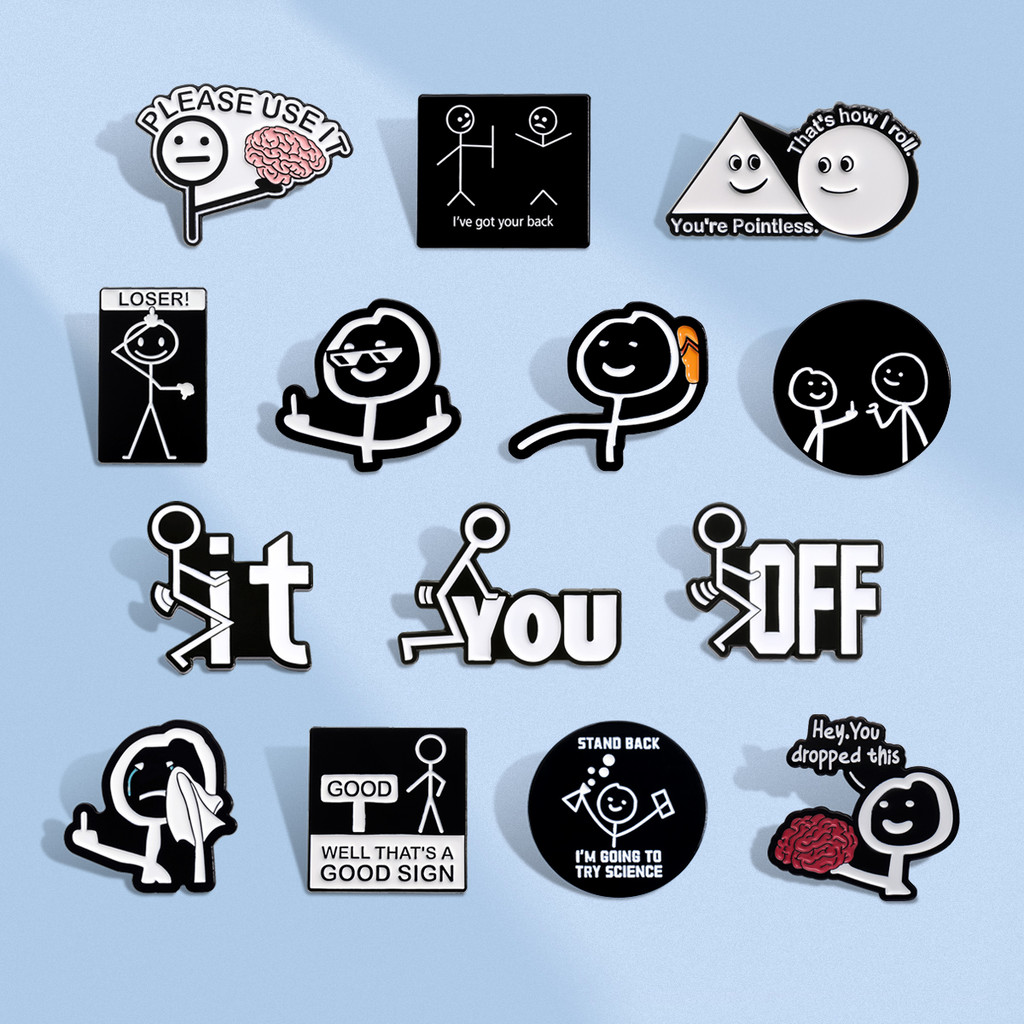 Funny Comics Stickman Humor Gesture Brooch Ironic Phrase Metal Badge ...