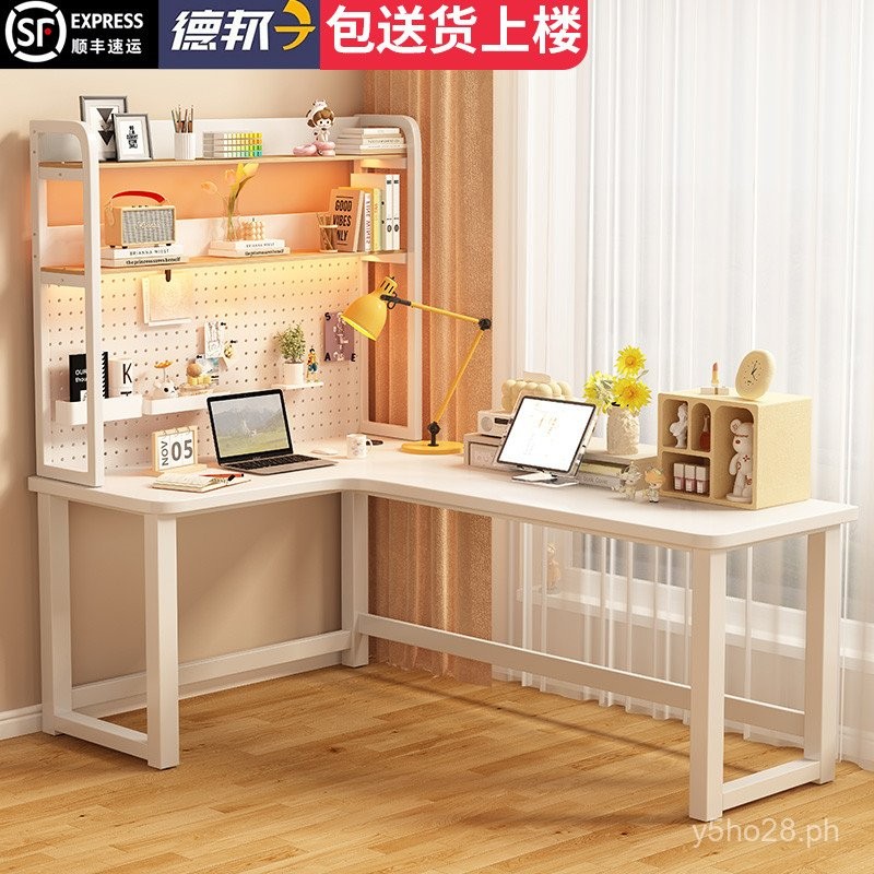 Cream Style Corner Computer Desk Desk Table Bookshelf Integrated ...